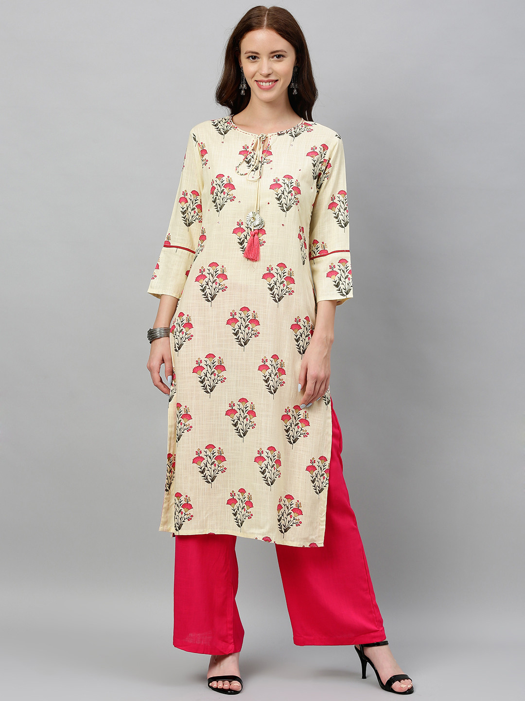 Buy Kipek Women Cream Coloured & Red Floral Printed Kurta With Palazzos ...