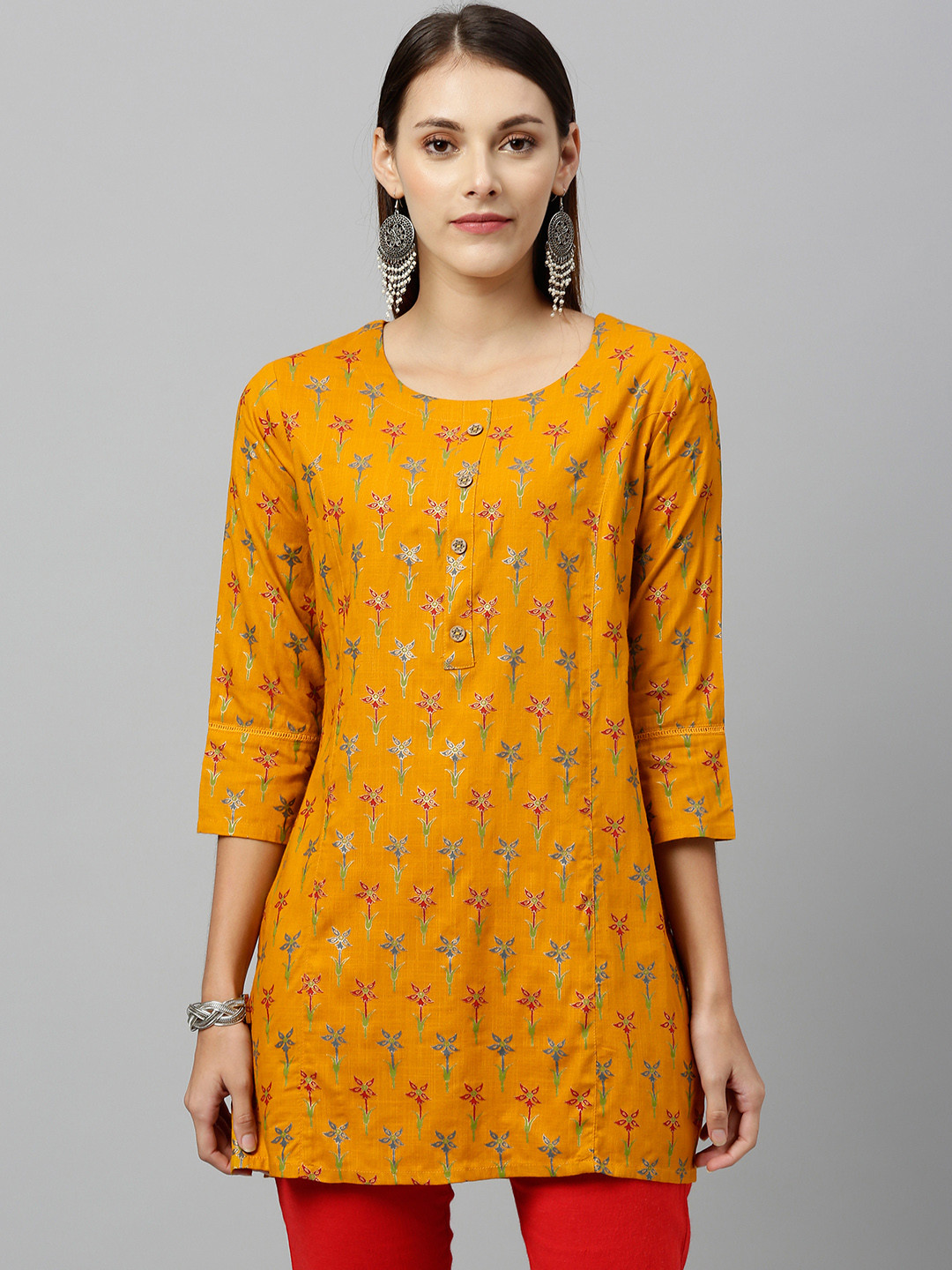 Buy Kipek Women Mustard Yellow & Blue Printed Tunic - Tunics for Women ...