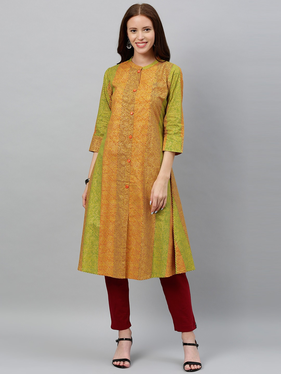 Buy Kipek Women Orange & Green Leheriya Printed A Line Kurta - Kurtas ...