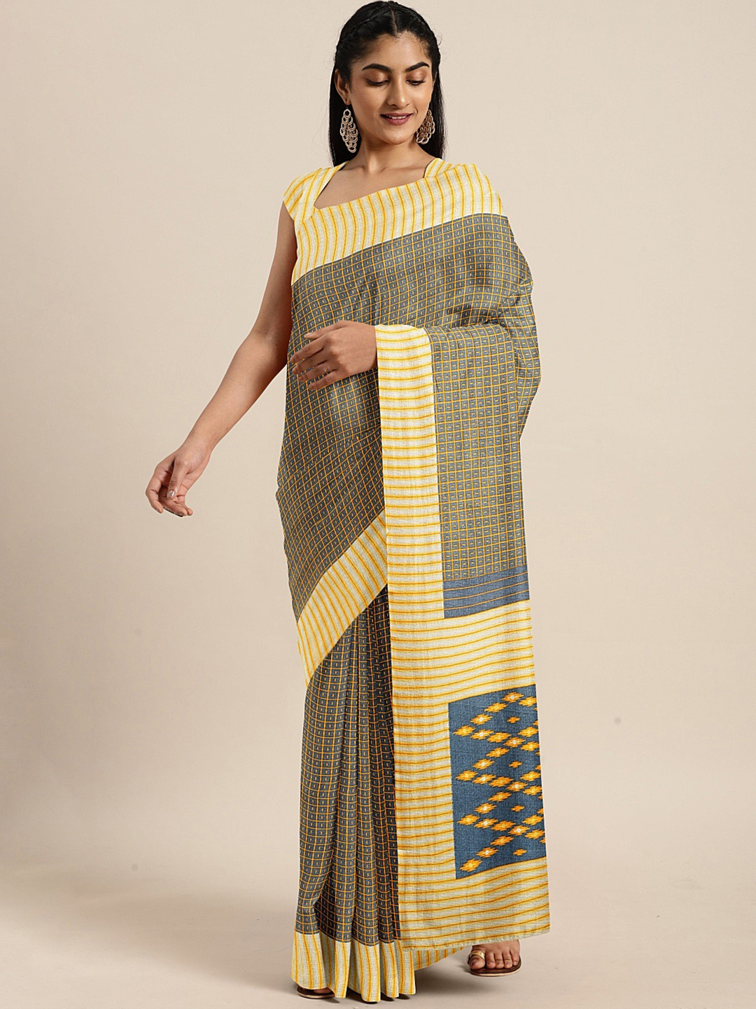 Buy KALINI Grey & Beige Art Silk Printed Khadi Saree - Sarees for Women ...