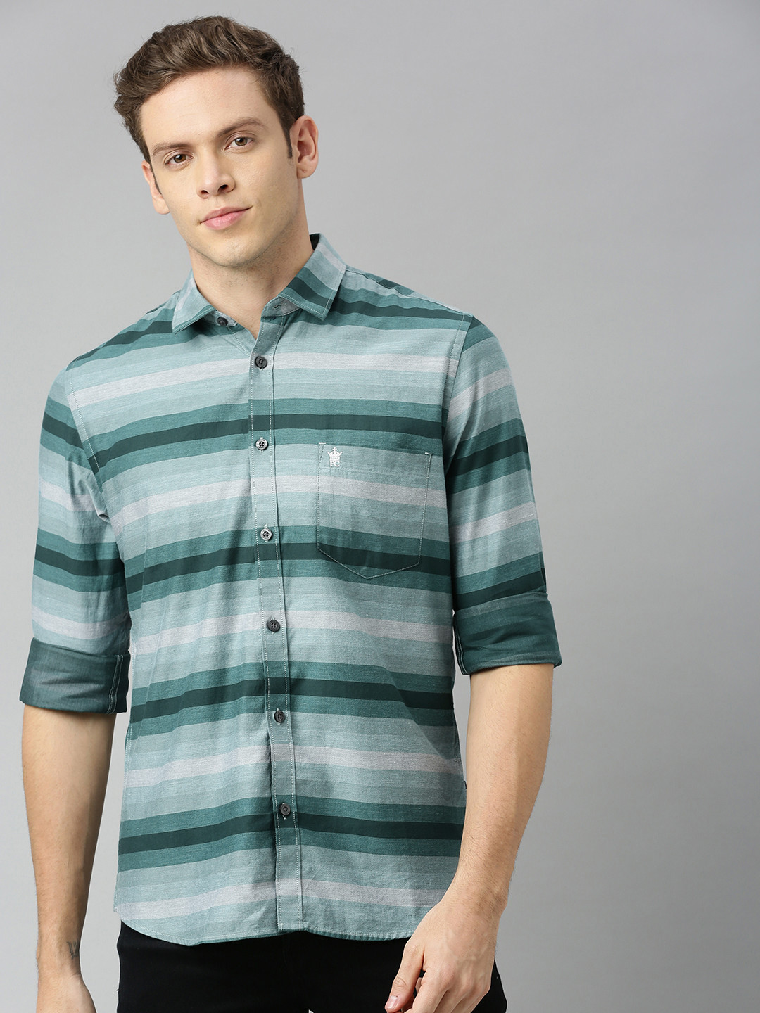 Buy French Connection Men Teal Green Slim Fit Striped Casual Shirt ...