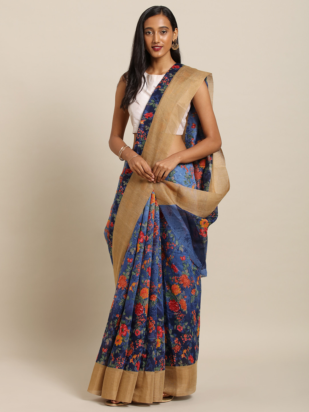 Buy Soch Navy Blue & Pink Pure Linen Printed Saree - Sarees for Women ...