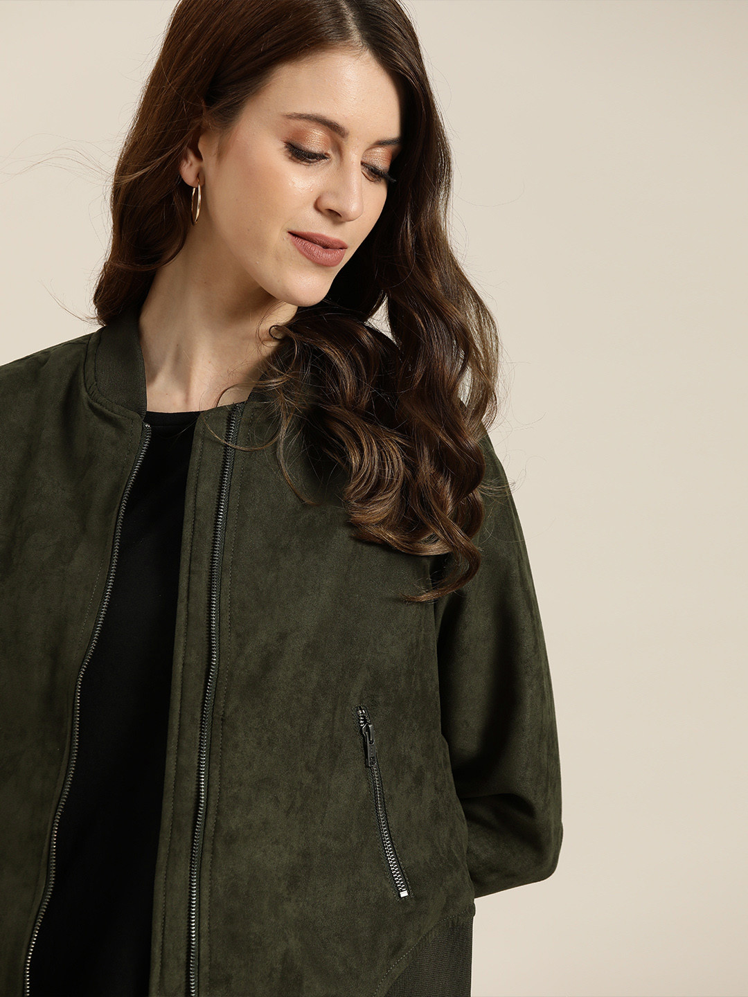 Buy INVICTUS Women Olive Green Suede Finish Solid Bomber Jacket ...