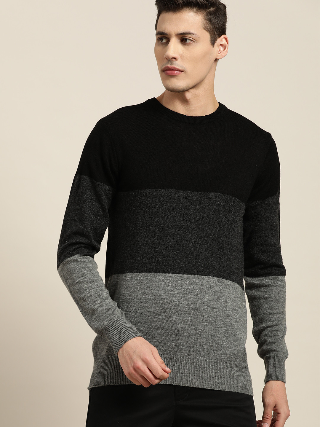 Buy INVICTUS Men Grey & Black Colourblocked Acrylic Pullover - Sweaters ...