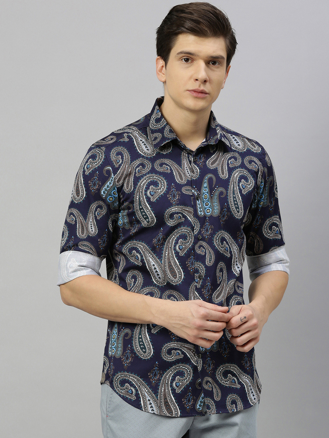 Buy RARE RABBIT Men Navy Blue & Off White White Paisley Print Tailored ...