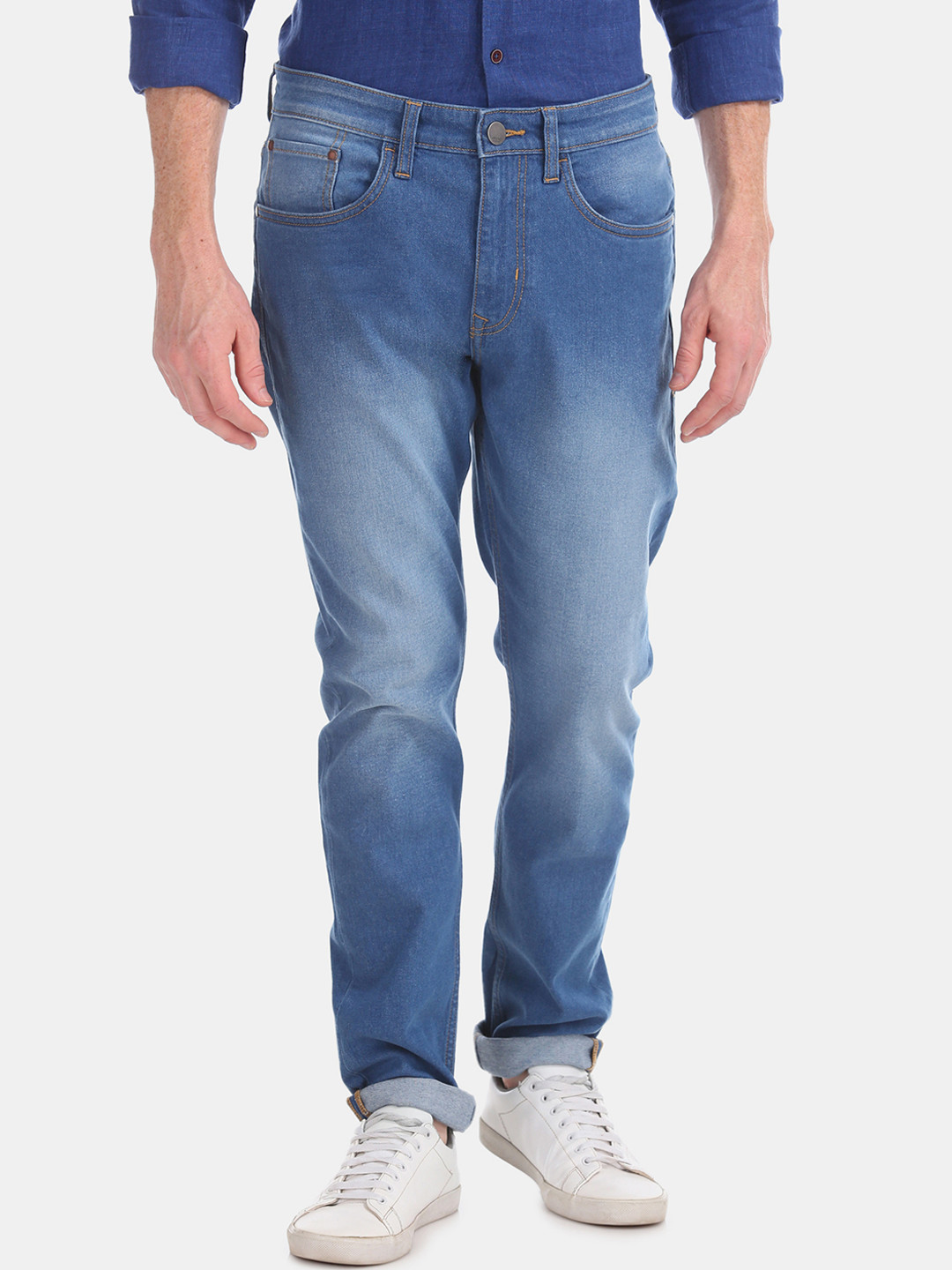 Buy AD By Arvind Men Blue Slim Fit Mid Rise Clean Look Stretchable ...