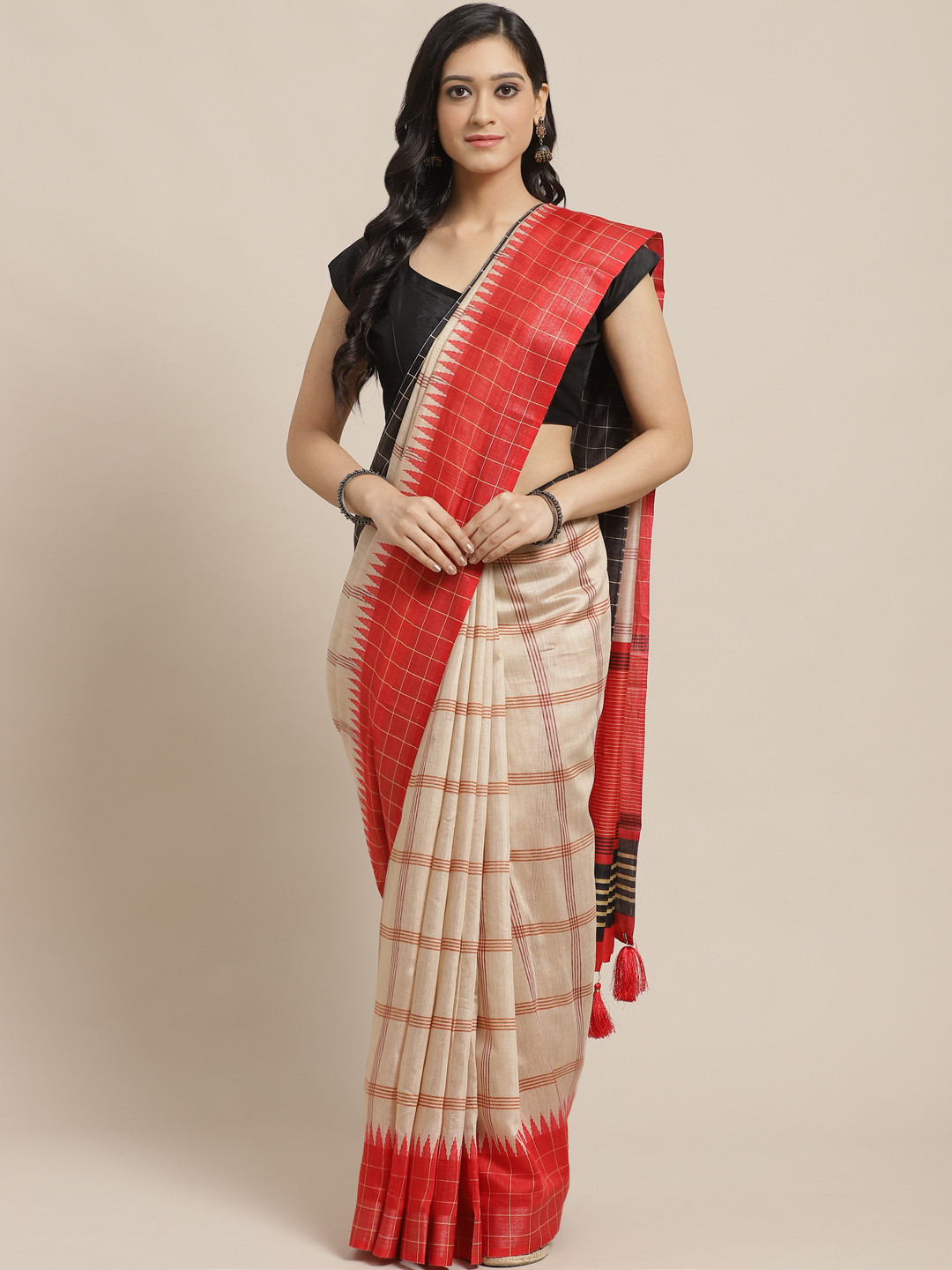 Buy Vipul Beige & Red Checked Saree - Sarees for Women 12086594 | Myntra