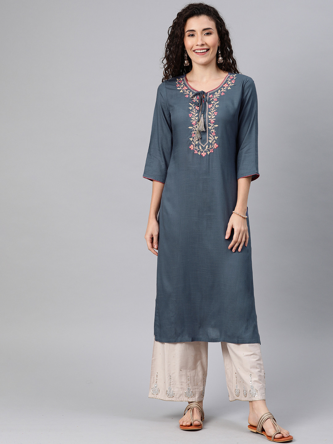 Buy Alena Women Blue Floral Embroidered Tie Up Neck Straight Kurta ...