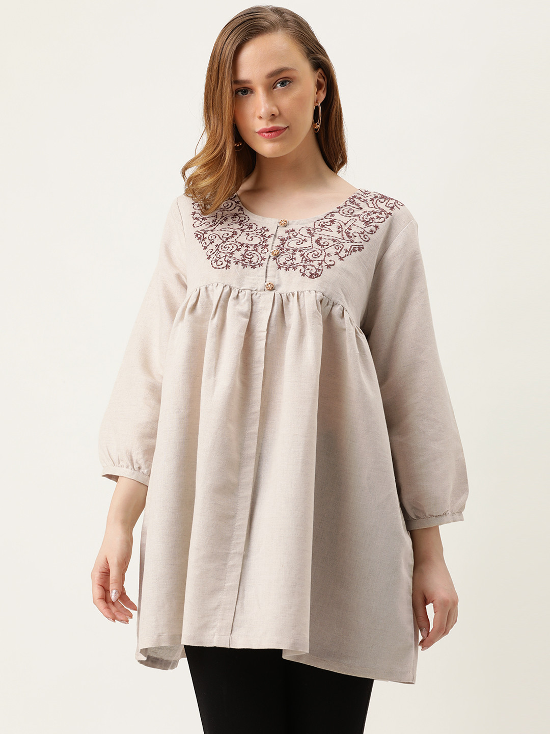 Buy MERAKI Women's Beige & Brown Solid Sustainable Tunic With ...