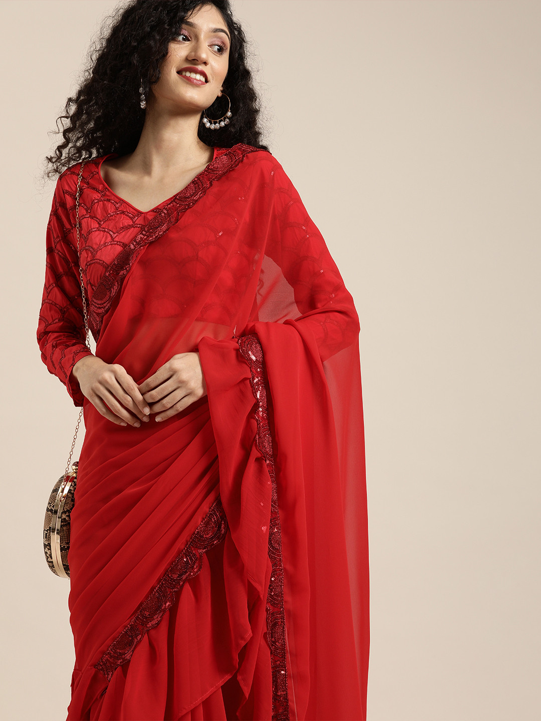 Buy SHAVYA Red Solid Pure Georgette Ruffled Party Saree - Sarees for ...