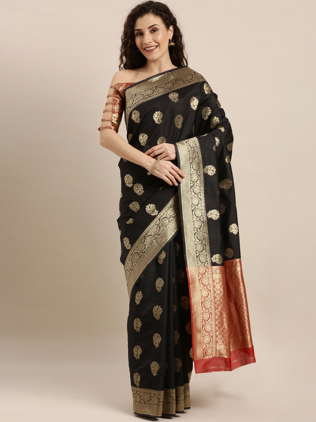 Buy SHAVYA Black & Red Pure Silk Woven Design Banarasi Saree - Sarees ...