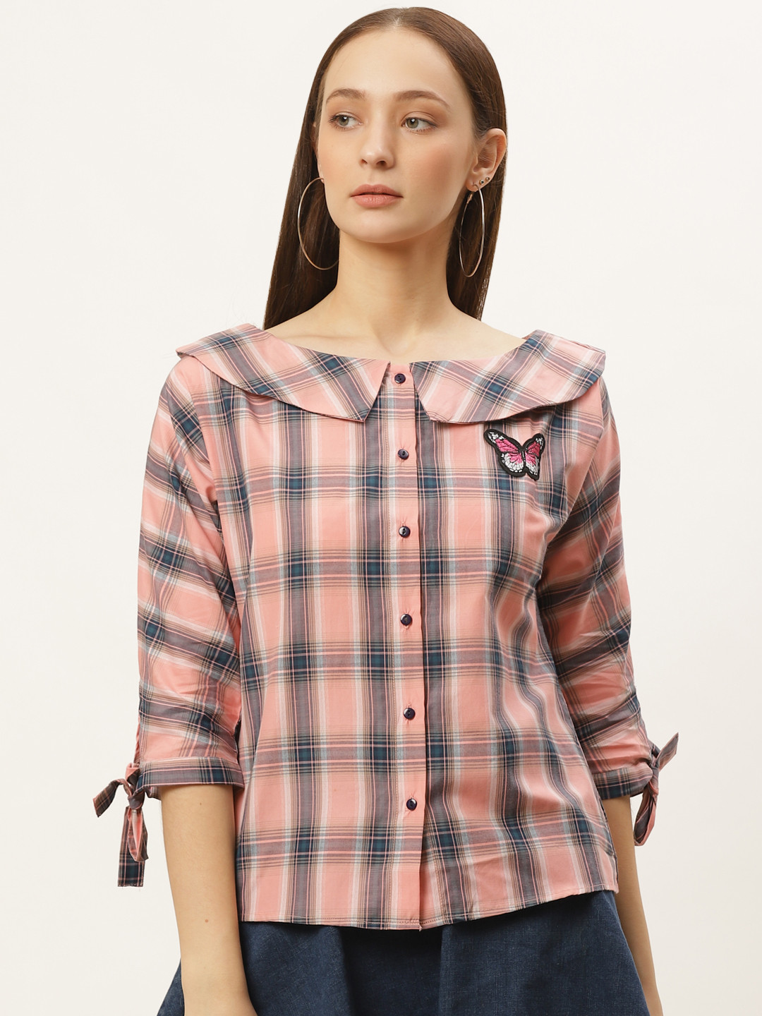 Buy Style Quotient Women Peach Coloured Checked Pure Cotton Top - Tops ...