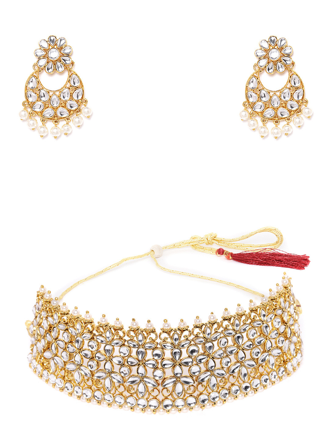 Buy Zaveri Pearls Gold Plated Kundan Studded & Beaded Jewellery Set ...