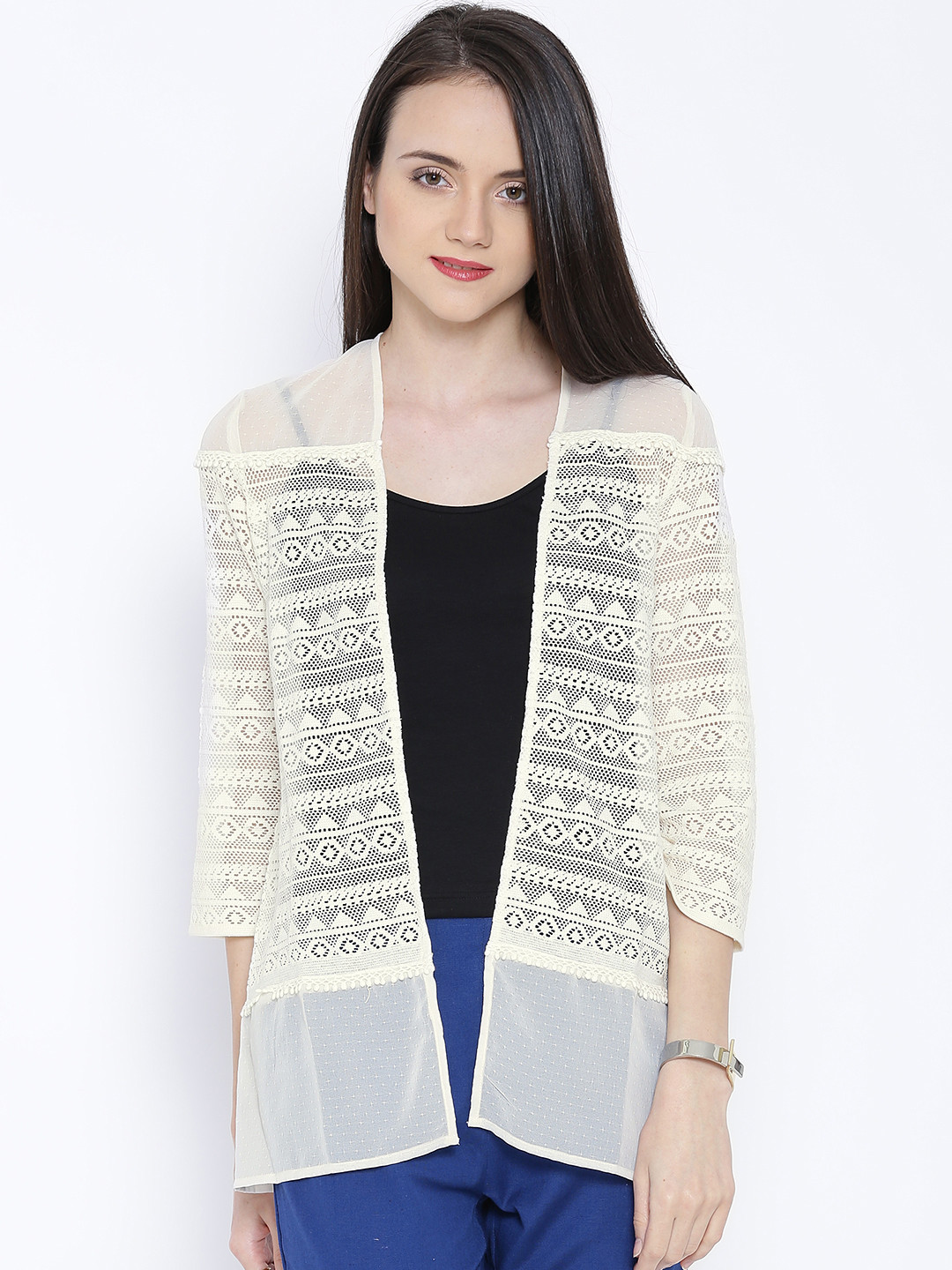 Buy Fusion Beats Cream Coloured Sheer Lace Shrug - Shrug for Women ...