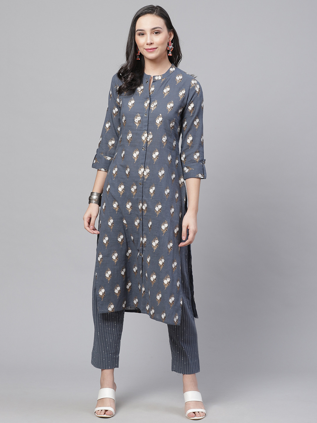 Buy Chhabra 555 Women Charcoal Grey White Khari Print Made To Measure