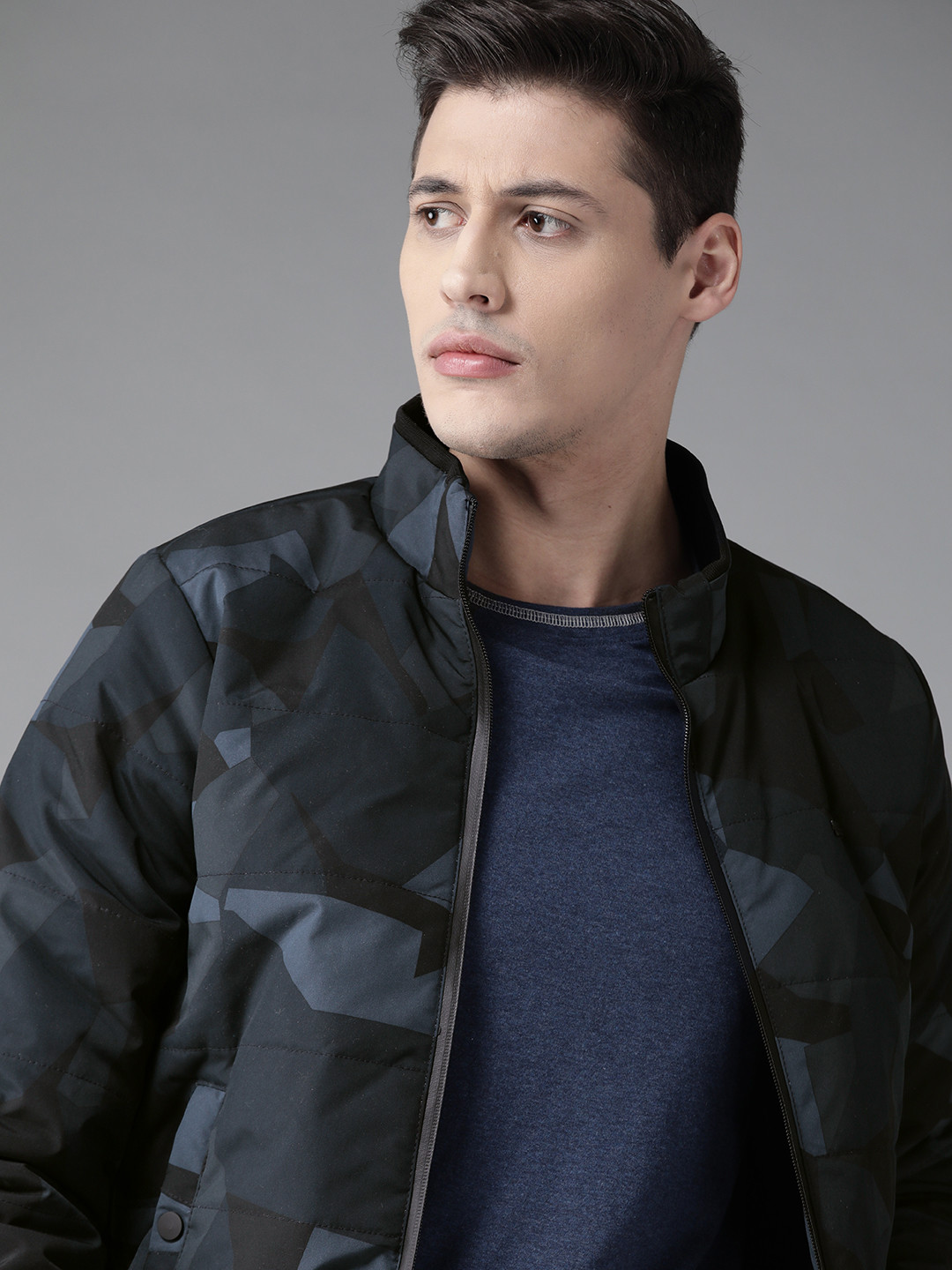 Buy Roadster Men Blue & Black Geometric Print Bomber Jacket - Jackets ...