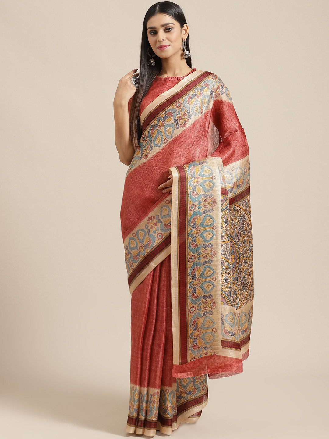 Buy Saree Mall Rust Red & Cream Coloured Printed Saree - Sarees for ...