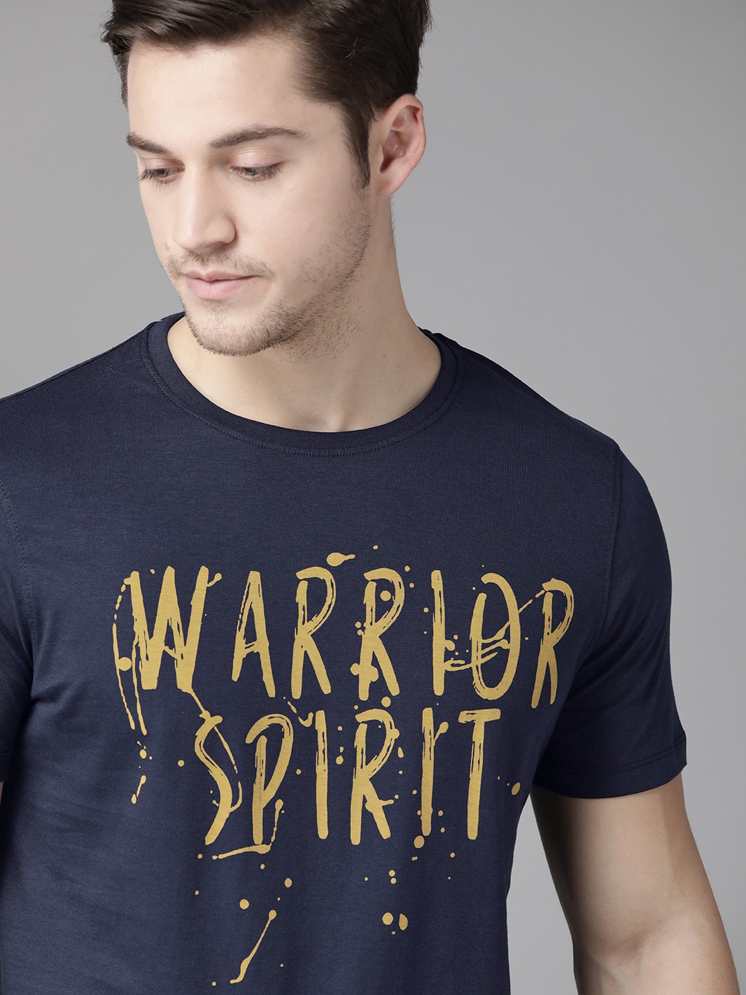 Buy Roadster Men Navy Blue Mustard Yellow Printed Round Neck Pure