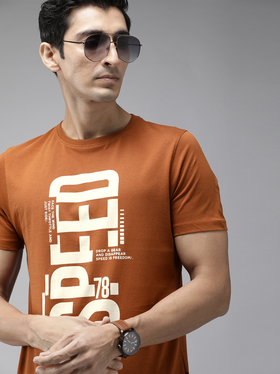 Buy Roadster Men Rust Orange Printed Round Neck Pure Cotton T Shirt ...