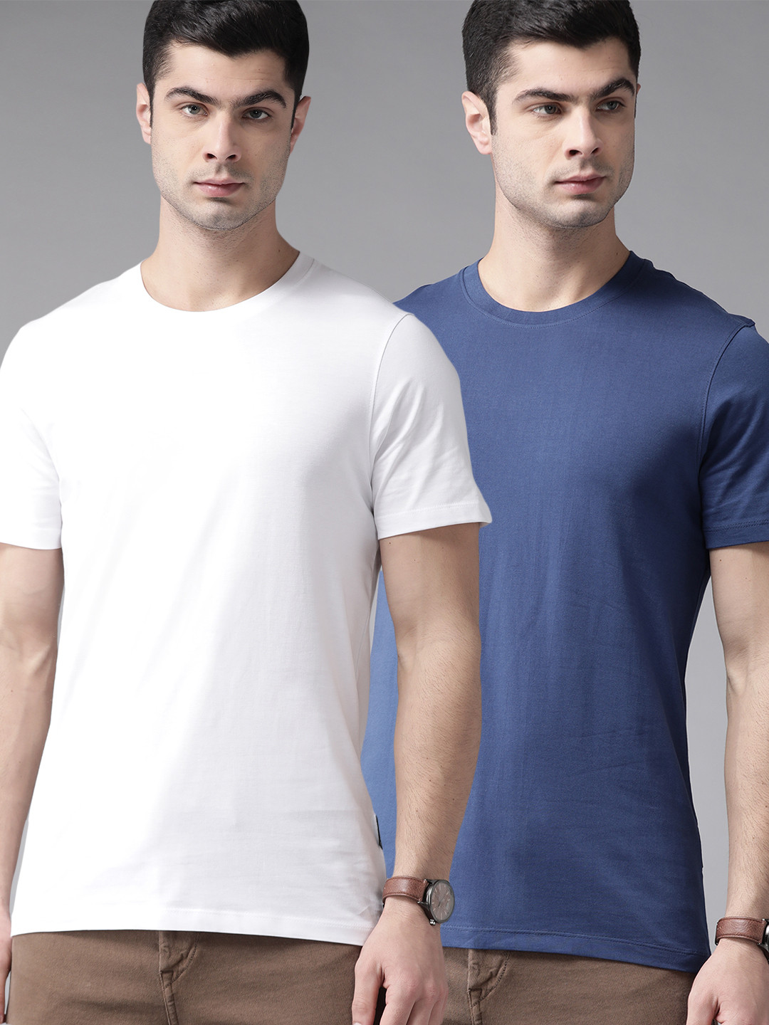 Buy Roadster Men Pack Of 2 White & Blue Cotton Solid Round Neck T Shirt ...