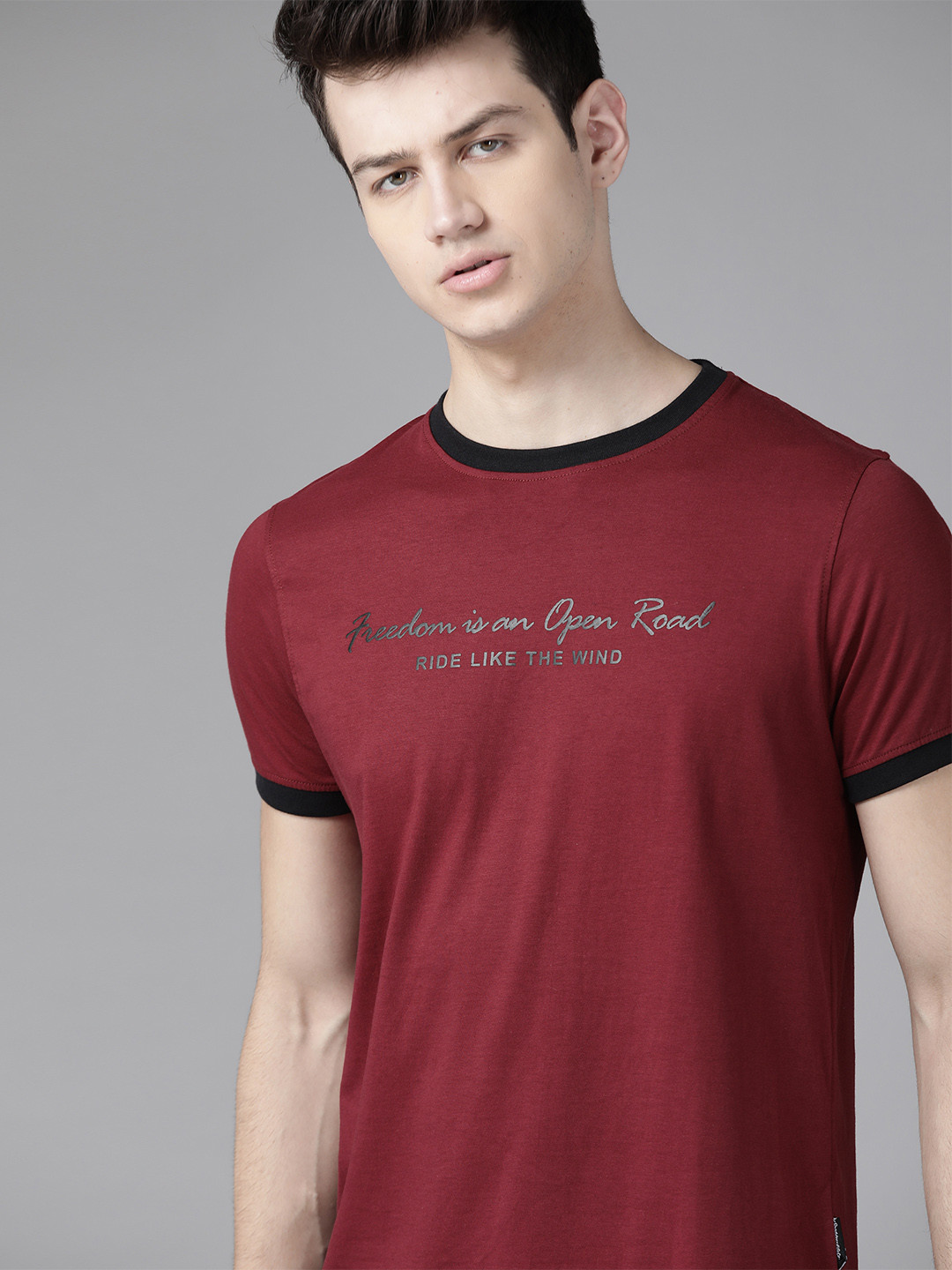 Buy Roadster Men Maroon Printed Ringer Pure Cotton T Shirt - Tshirts ...