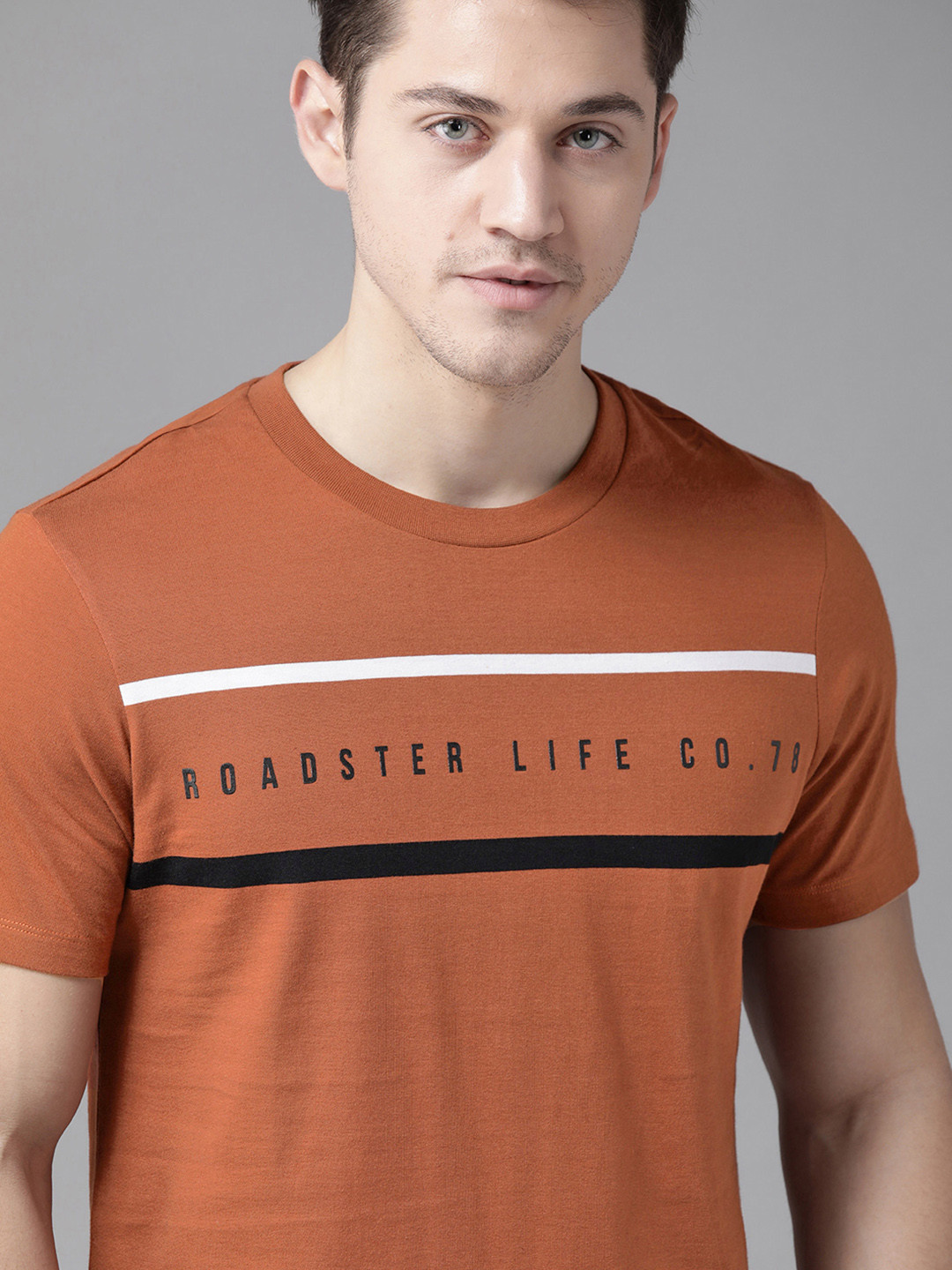 Buy Roadster Men Rust Orange Pure Cotton Striped Round Neck Pure Cotton ...