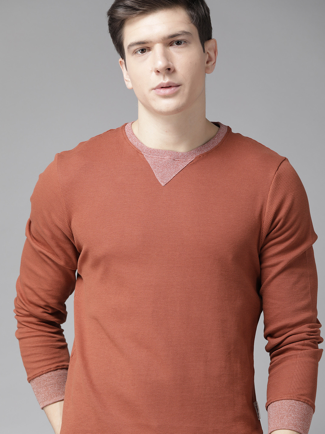 Buy Roadster Men Rust Orange Self Design Round Neck Pure Cotton T Shirt ...