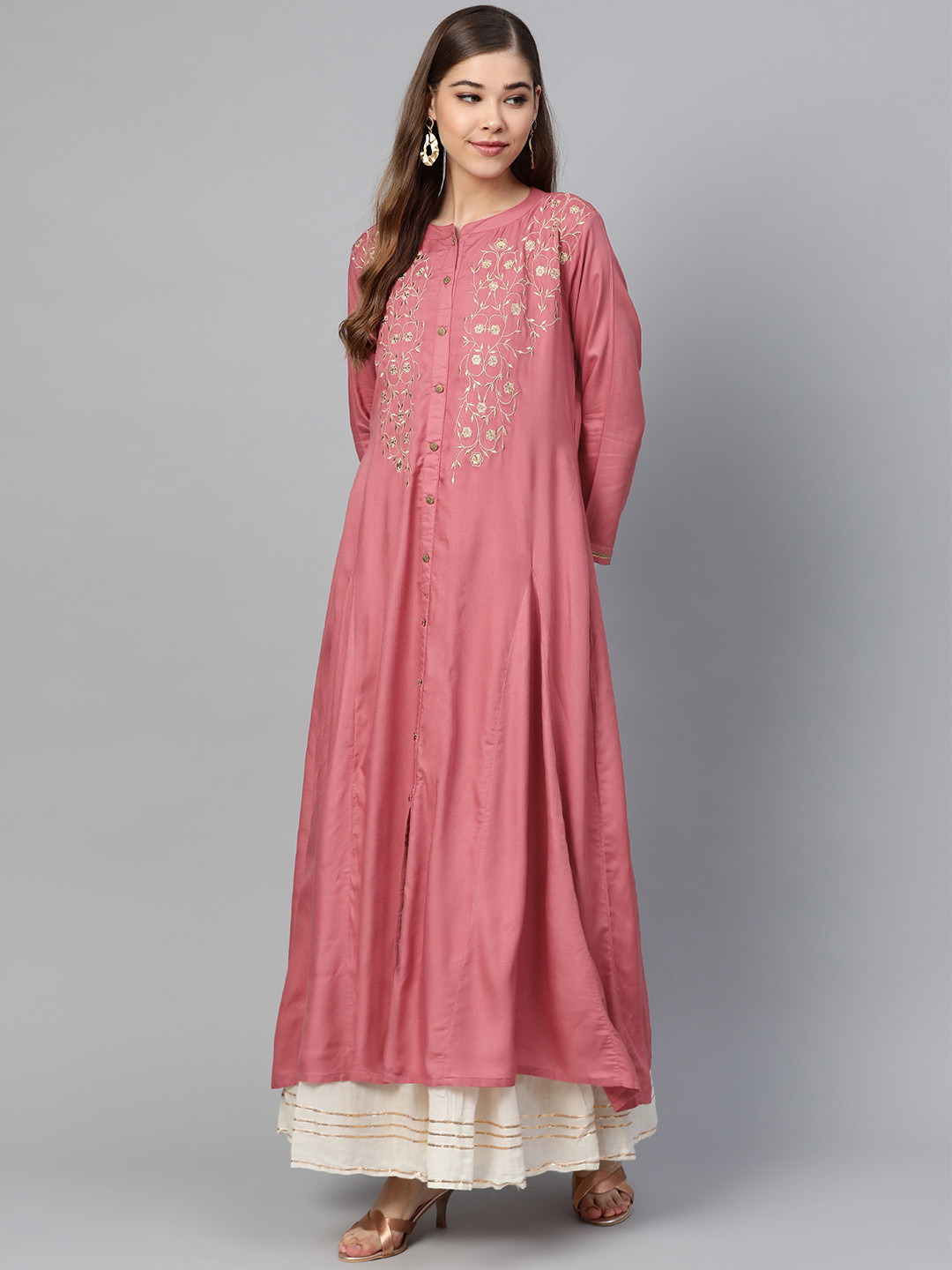 Buy Shae By SASSAFRAS Women Pink & Golden Yoke Design A Line Kurta ...