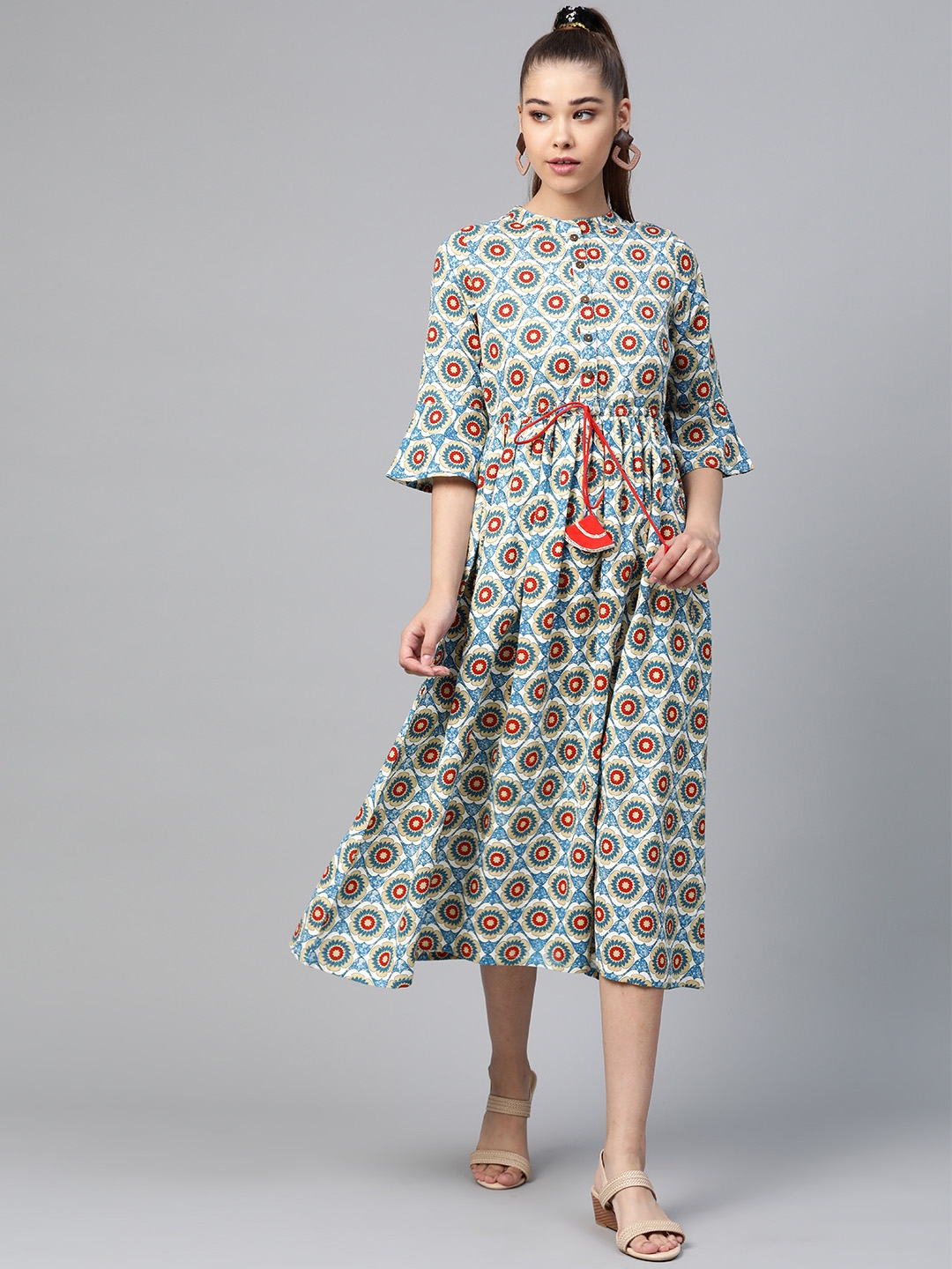 Buy Shae By Sassafras Women Blue And White Printed A Line Dress Dresses