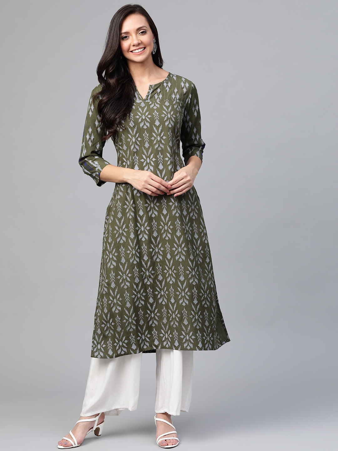 Buy Hereandnow Women Olive Green And Grey Ethnic Printed Straight Kurta