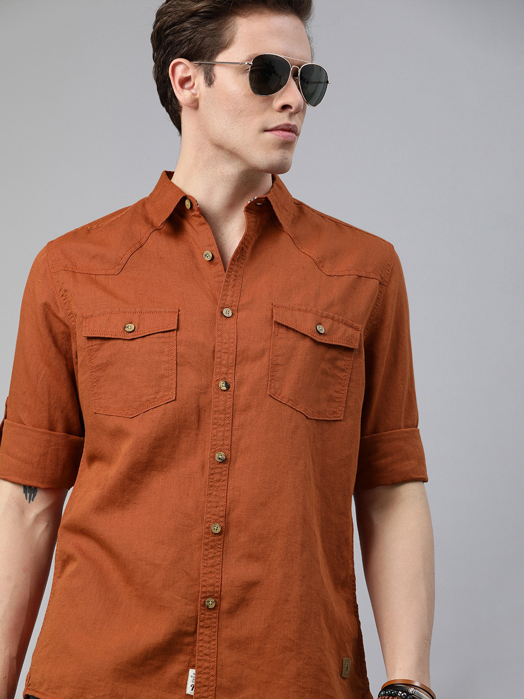 Buy Roadster Men Rust Brown Regular Fit Solid Casual Shirt - Shirts for ...