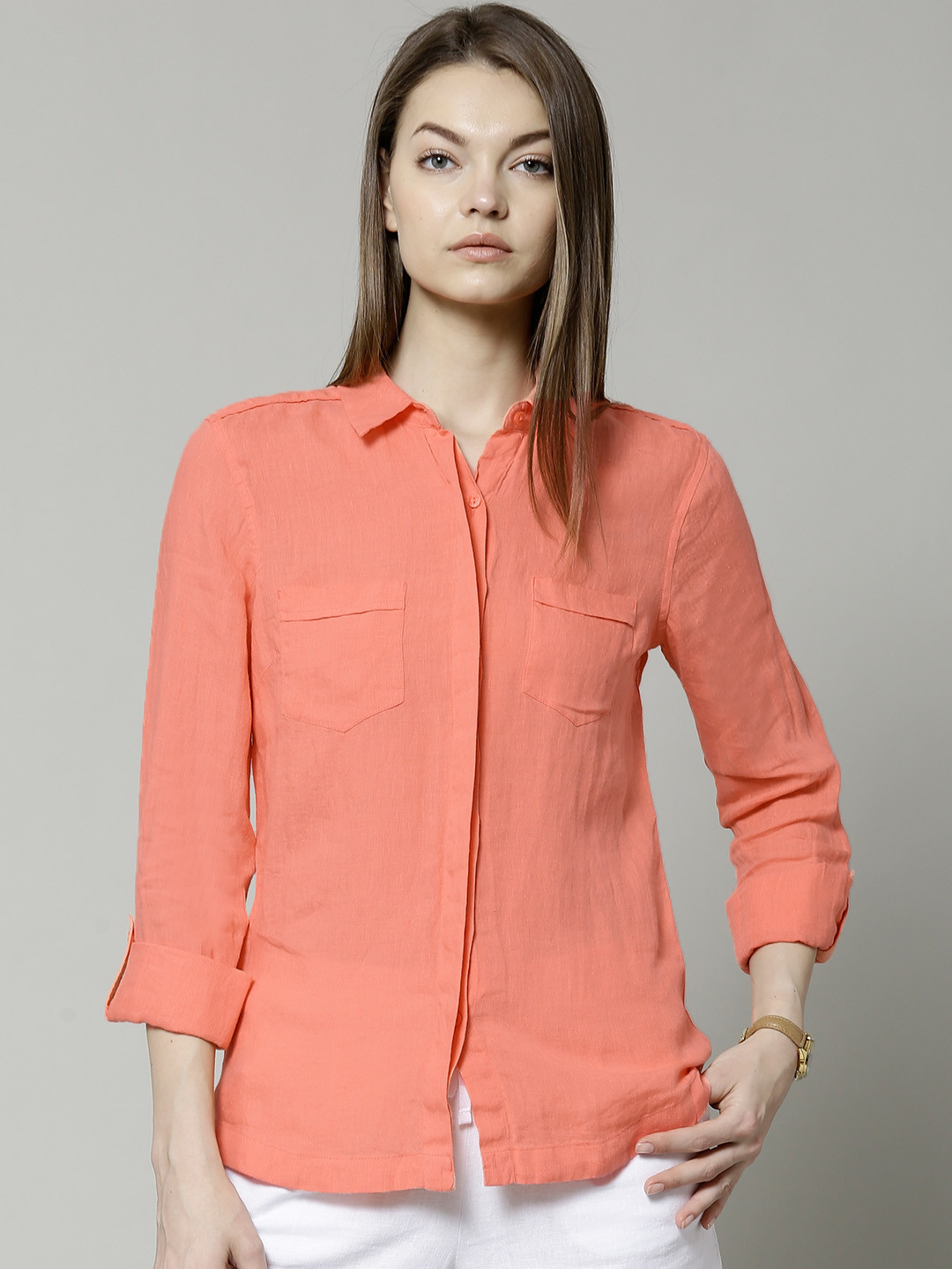 Buy Marks & Spencer Coral Orange Linen Shirt - Shirts for Women 1213370 ...