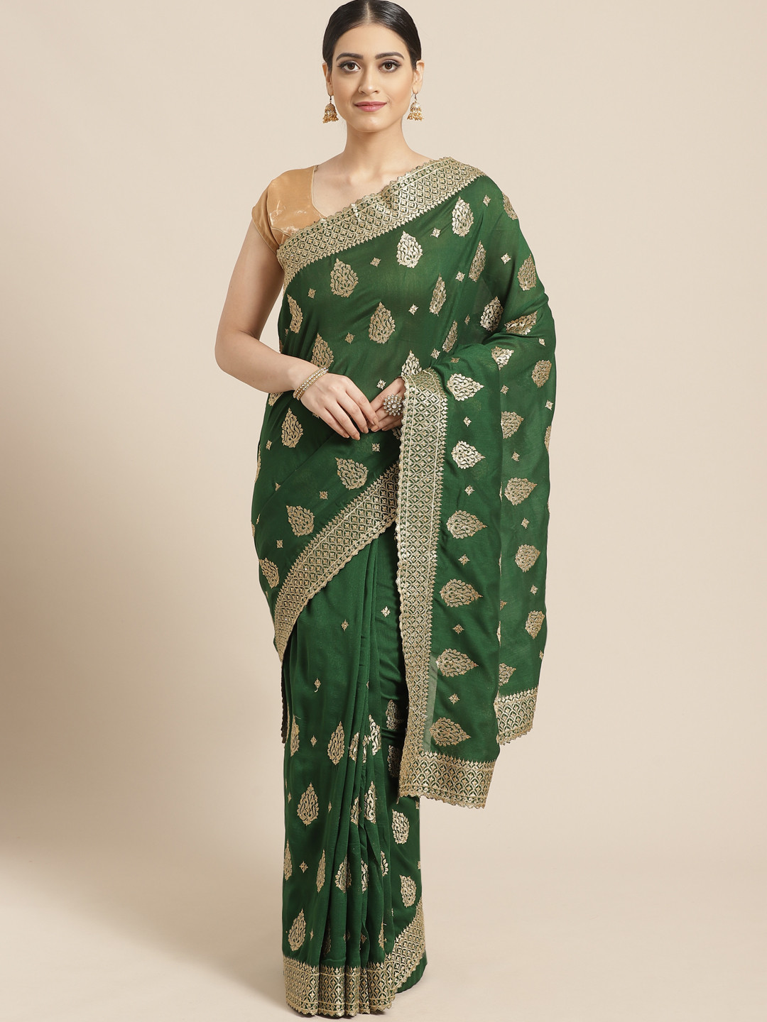 Buy PACHE Green & Golden Zari Embroidered Saree - Sarees for Women ...