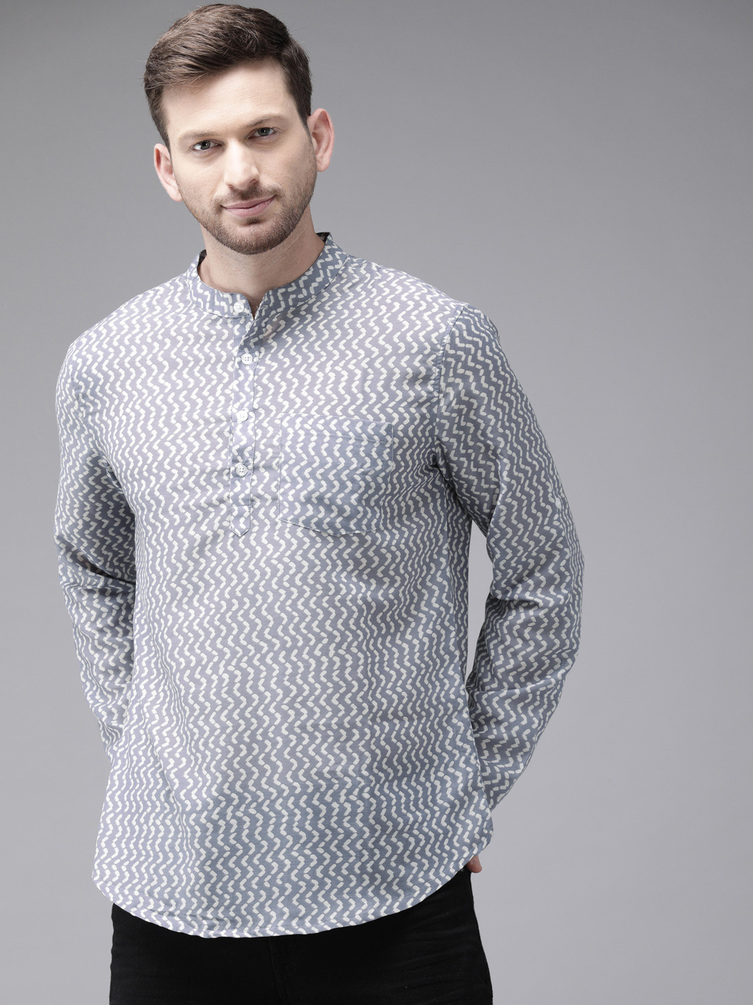 Buy Anouk Men Grey & White Printed Straight Kurta - Kurtas for Men ...