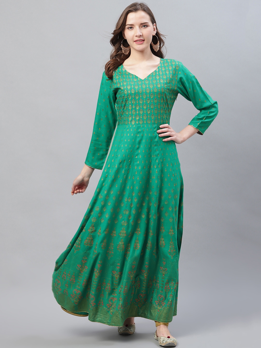 Buy Ahika Women Green And Golden Ethnic Printed Anarkali Kurta Kurtas