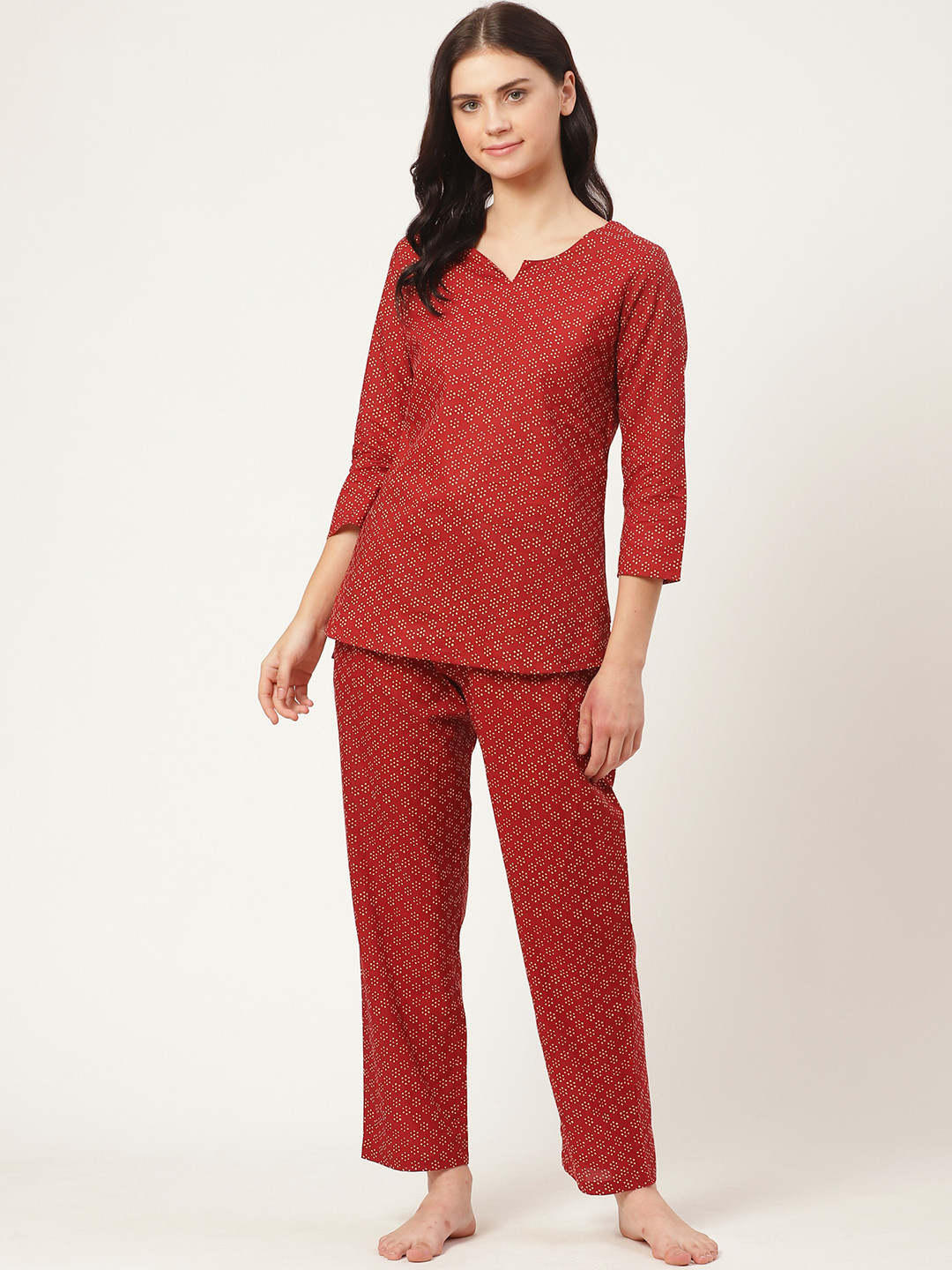 Buy Prakrti Women Maroon & Beige Dot Print Cotton Pyjamas Set - Night ...
