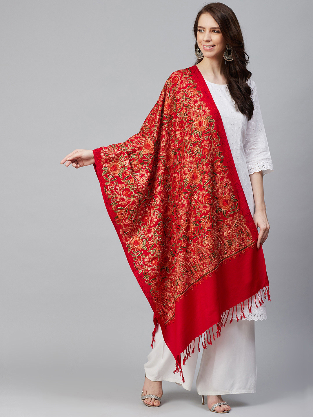 Buy WEAVERS VILLA Women Red & Beige Embroidered Shawl - Shawl for Women ...