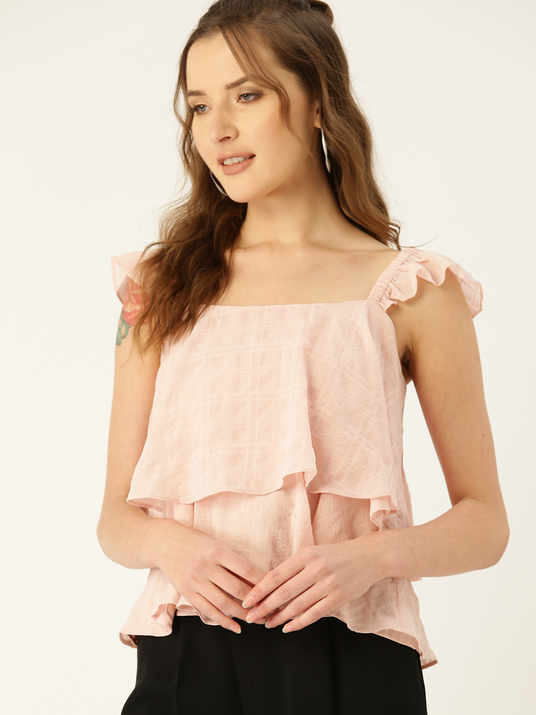 Buy COVER STORY Women Pink Self Checked Layered A Line Top - Tops for ...