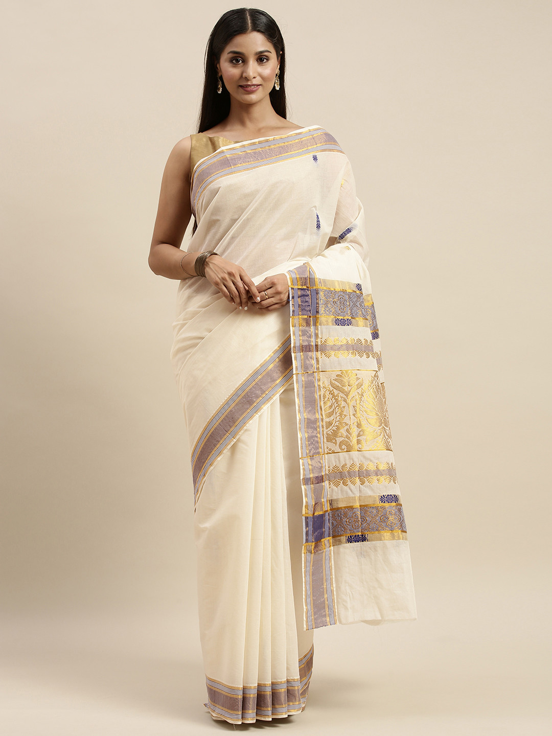 Buy The Chennai Silks Off White Pure Cotton Solid Kasavu Saree - Sarees ...