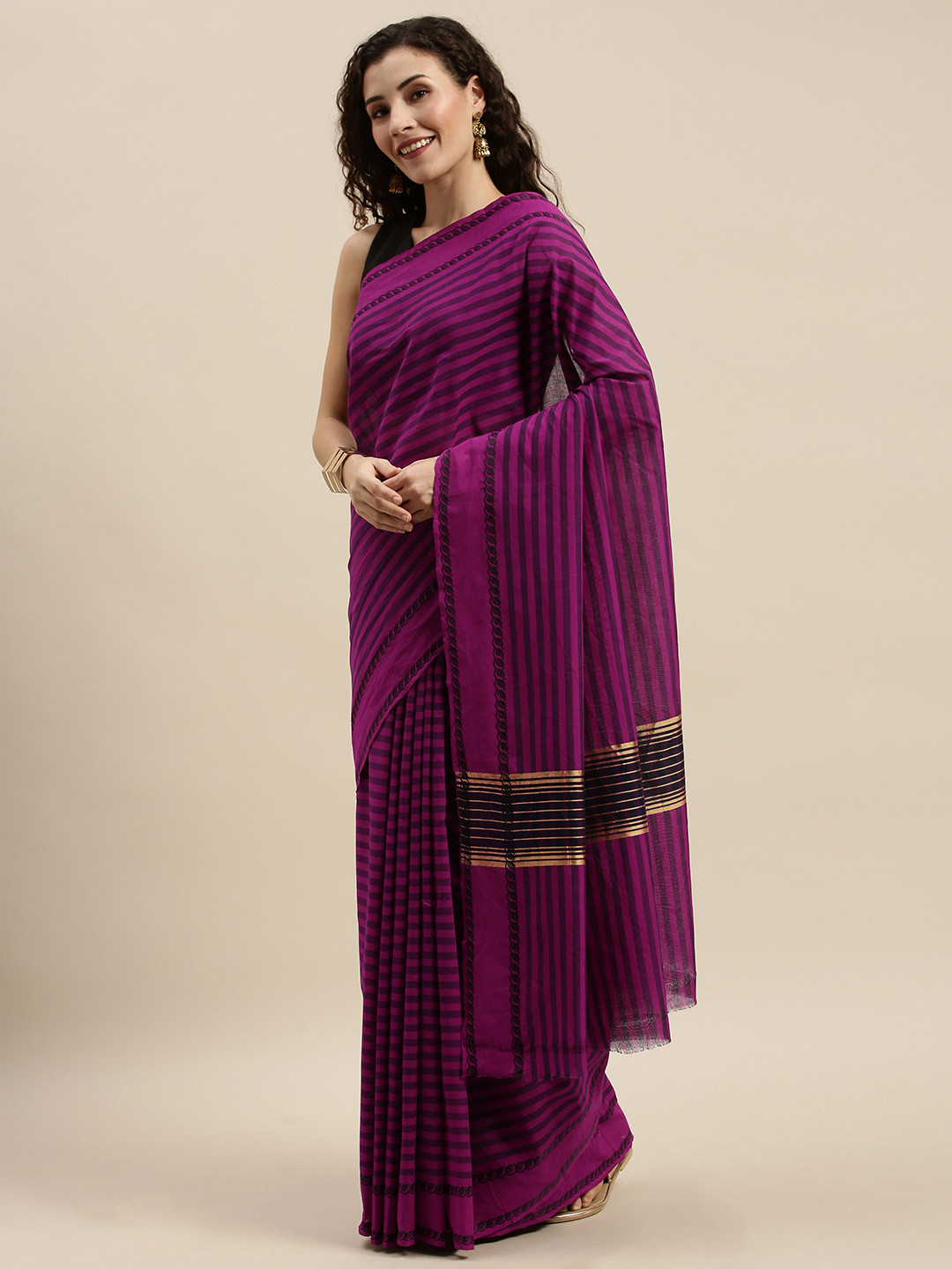 Buy The Chennai Silks Magenta Pink & Black Pure Cotton Striped Saree ...