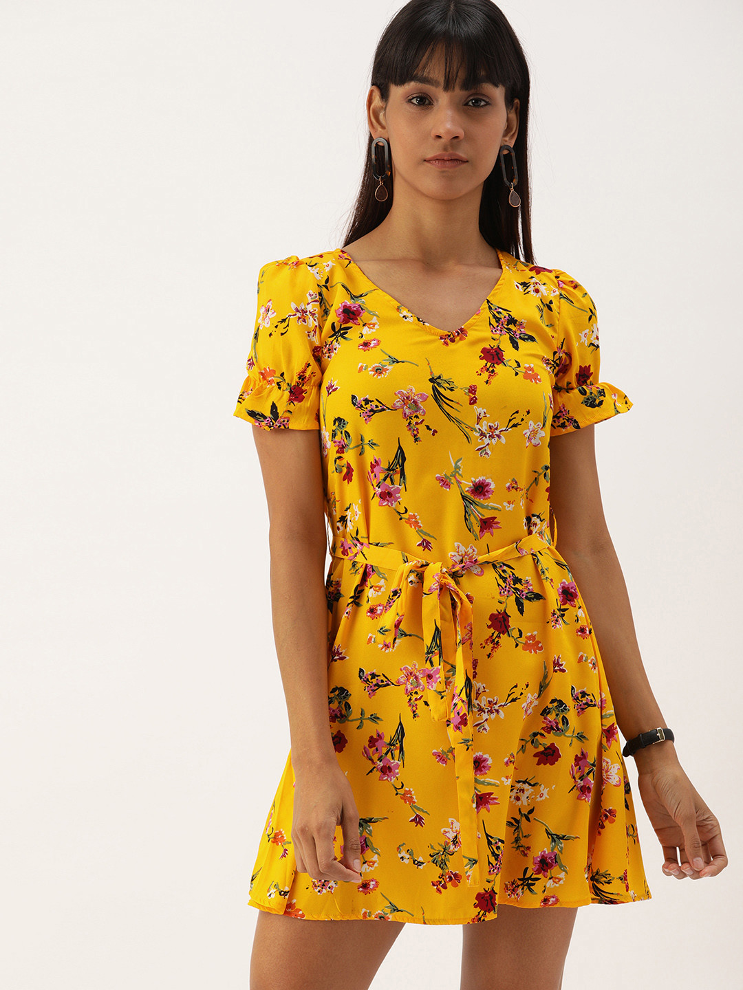 Buy Campus Sutra Women Yellow Floral Printed Fit And Flare Dress ...