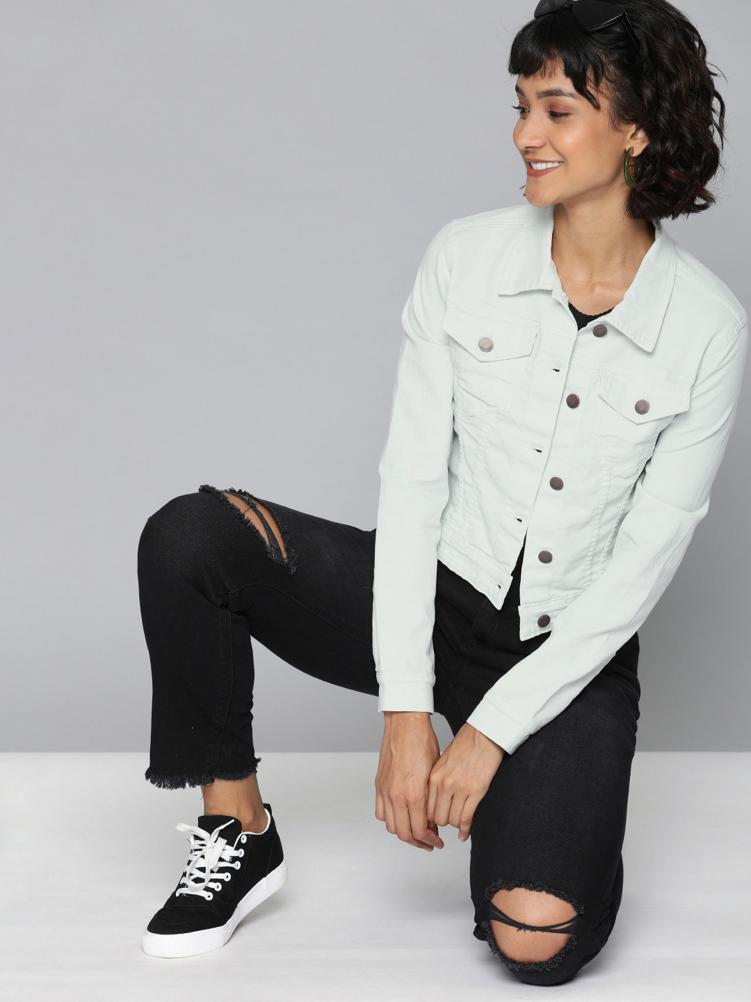 Buy HERE&NOW Women White Solid Denim Jacket - Jackets for Women ...