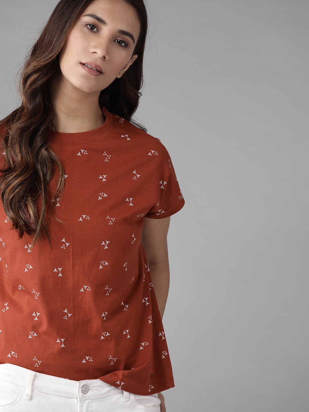 Buy Roadster Women Rust Orange & Off White Printed Round Neck Relaxed ...