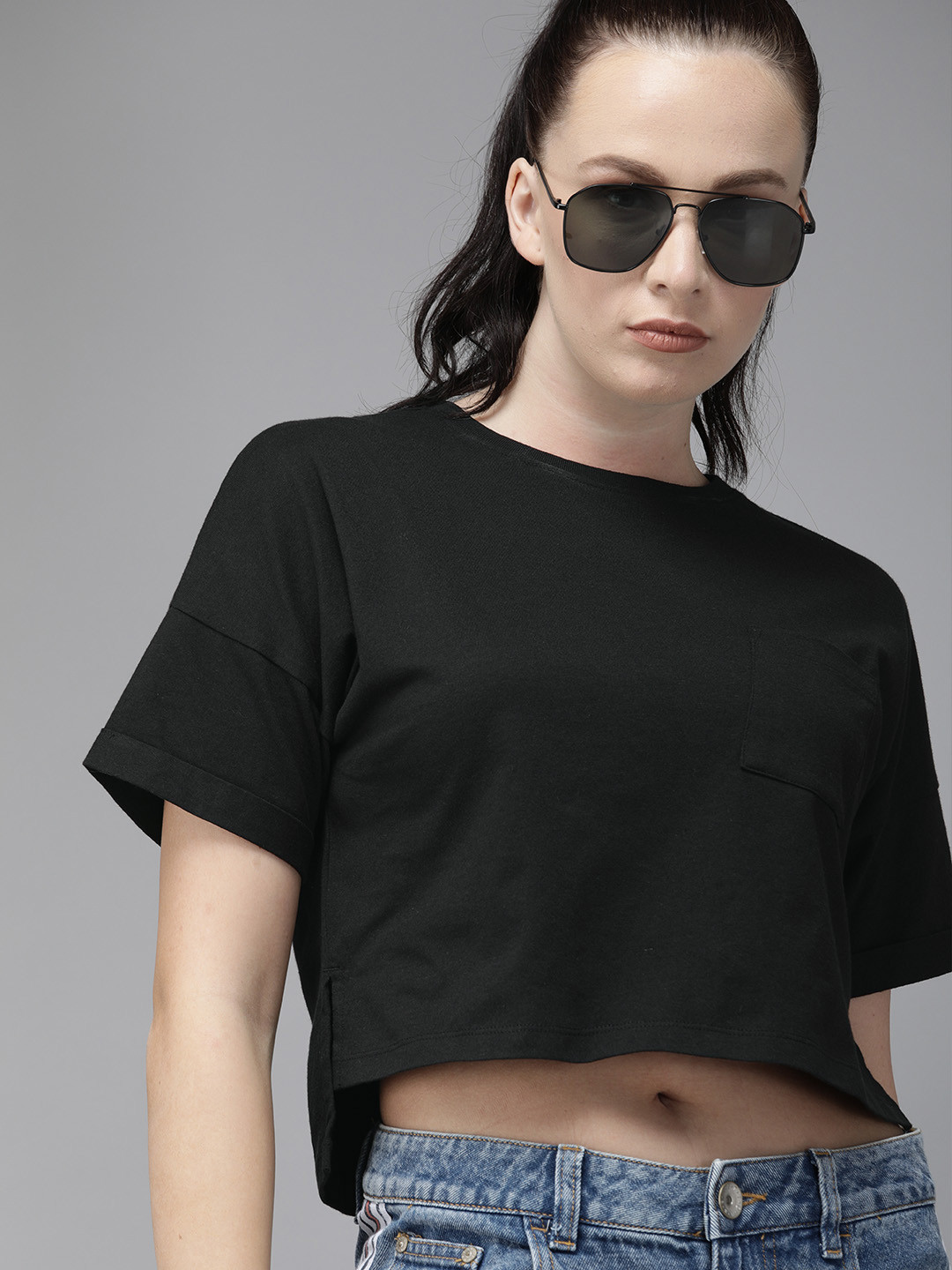 Buy Roadster Women Black Solid Round Neck Crop T Shirt - Tshirts for Women 12193682 | Myntra