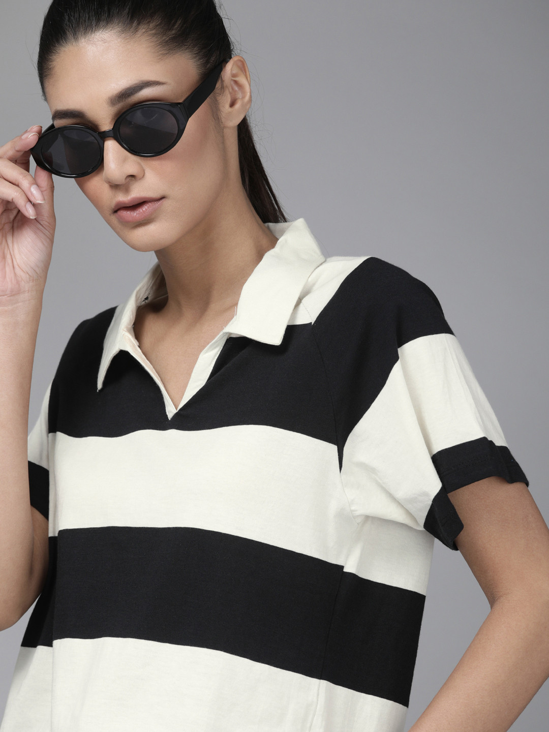 Buy Roadster Black & White Striped Pure Cotton Shirt Style Top - Tops ...