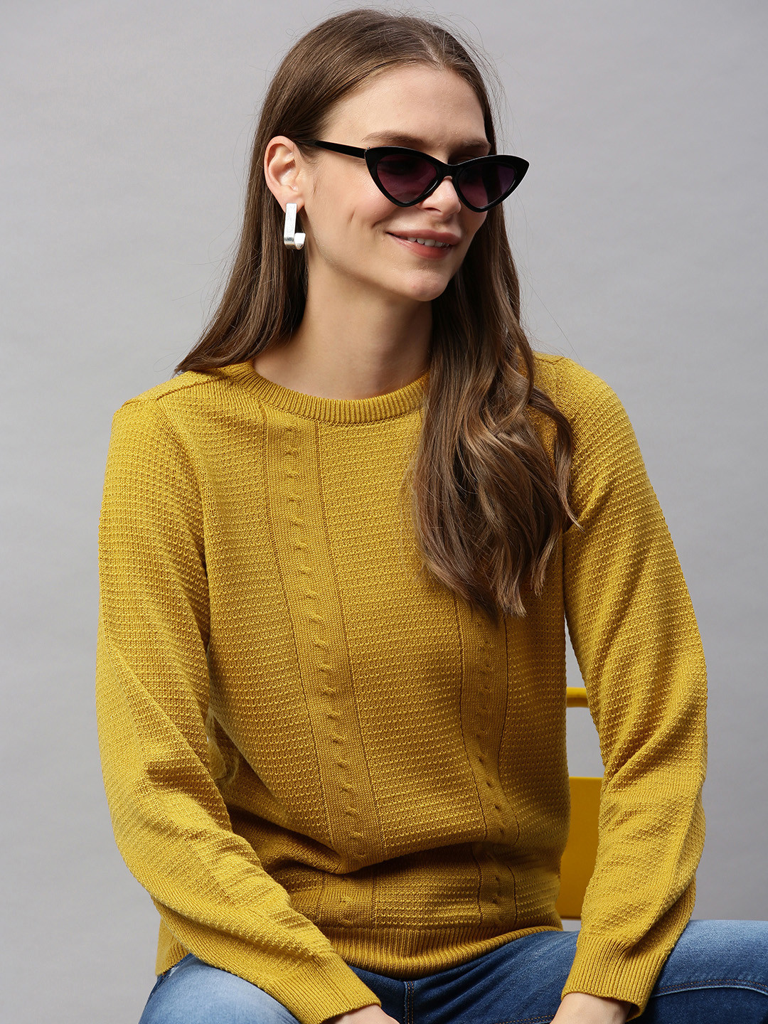 Buy HERE&NOW Women Mustard Yellow Self Design Pullover Sweater ...