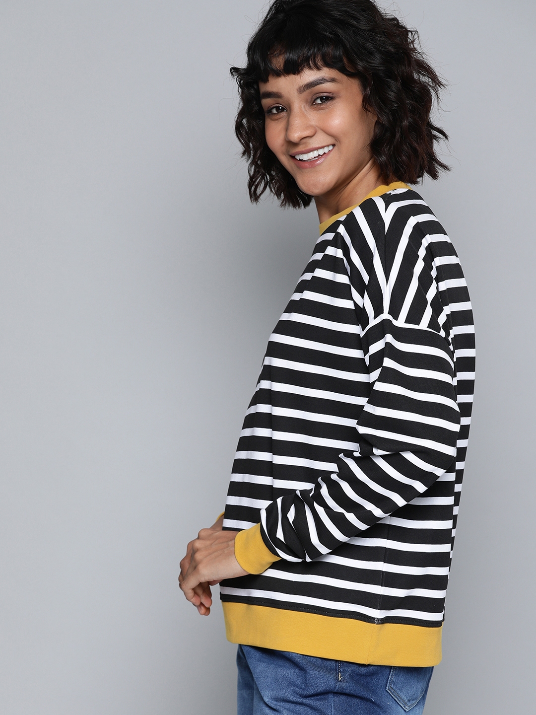 Buy Hereandnow Women White And Black Striped Sweatshirt Sweatshirts For Women 12196816 Myntra