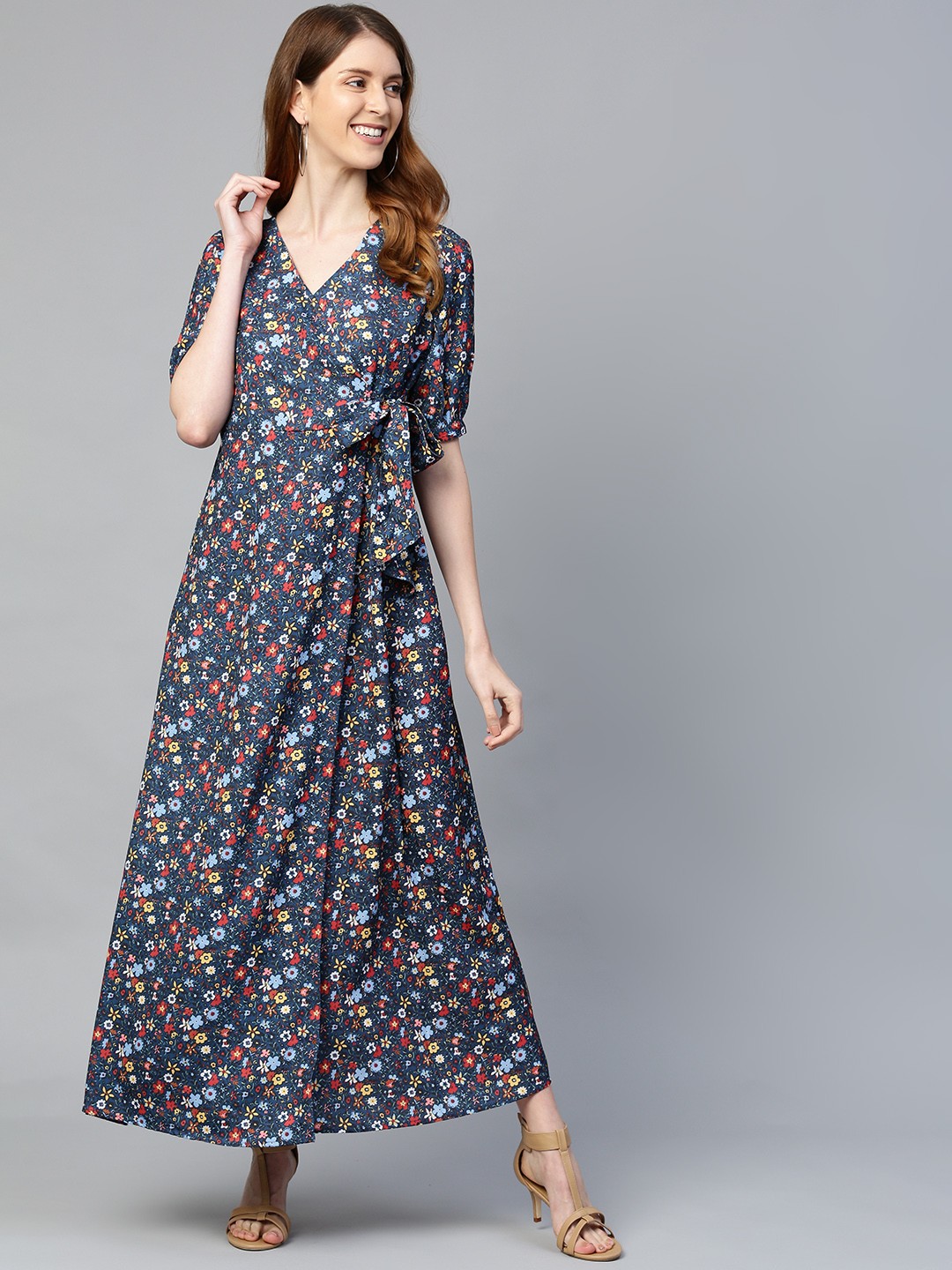 Buy Mast And Harbour Women Navy Blue And Rust Orange Printed Wrap Dress