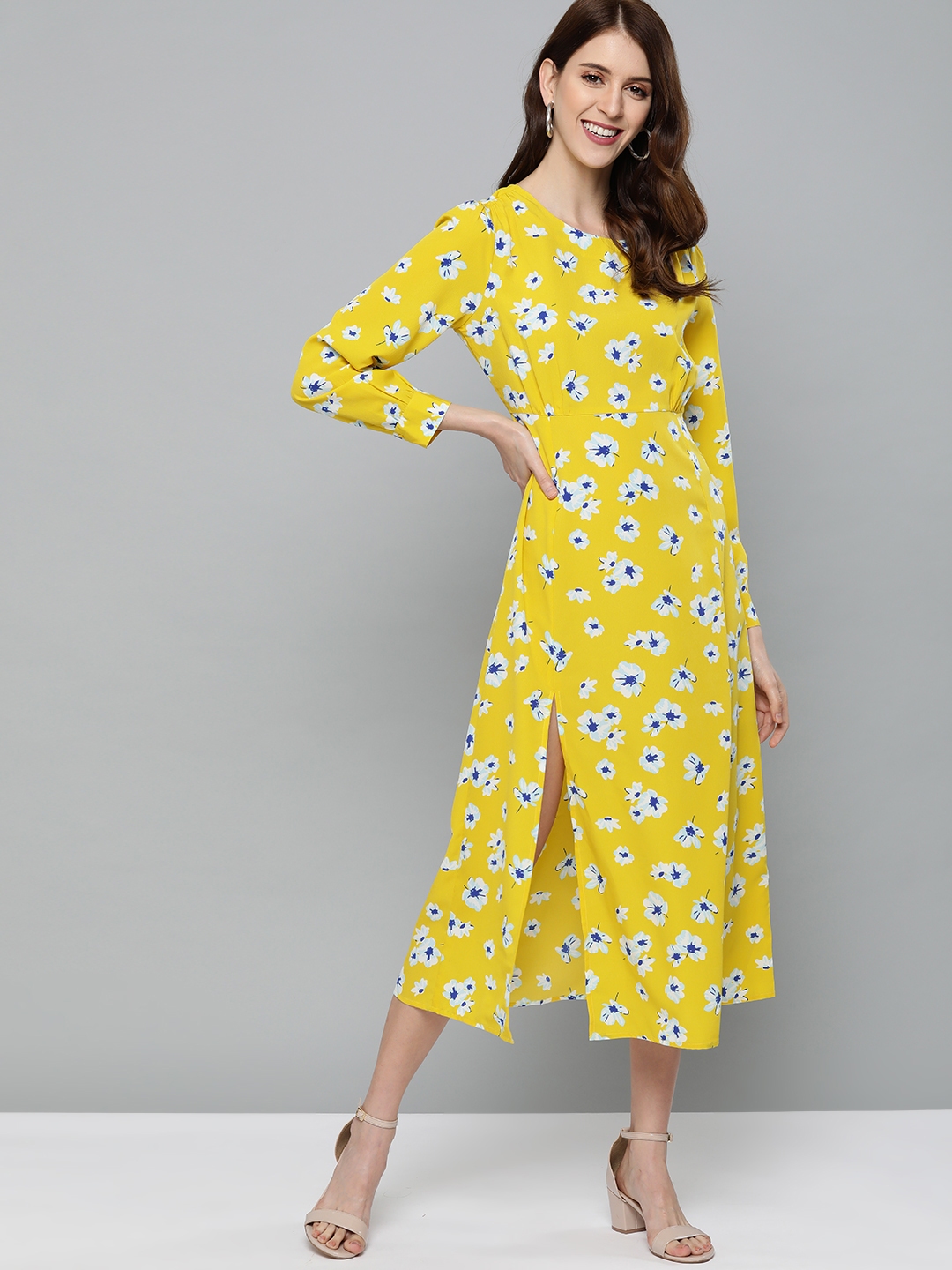 Buy Mast And Harbour Women Yellow And Blue Floral Printed Front Slit A Line