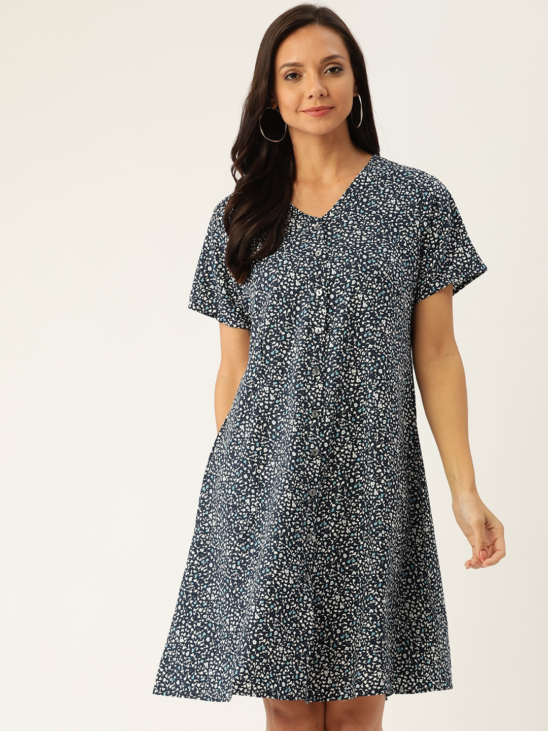 Buy Her By Invictus Women Blue & White Abstract Print A Line Dress ...